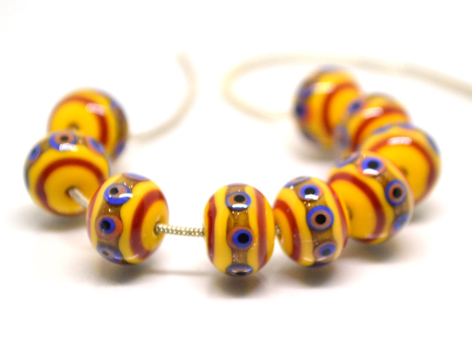 Yellow Glass Beads, Red Srtipes, Yellow Lampwork Beads, Rondelle Glass ...