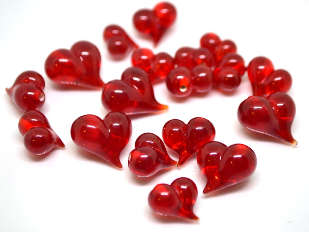 Red Heart Charm Beads, Lampwork Heart, Red Glass Beads, Glass Heart ...