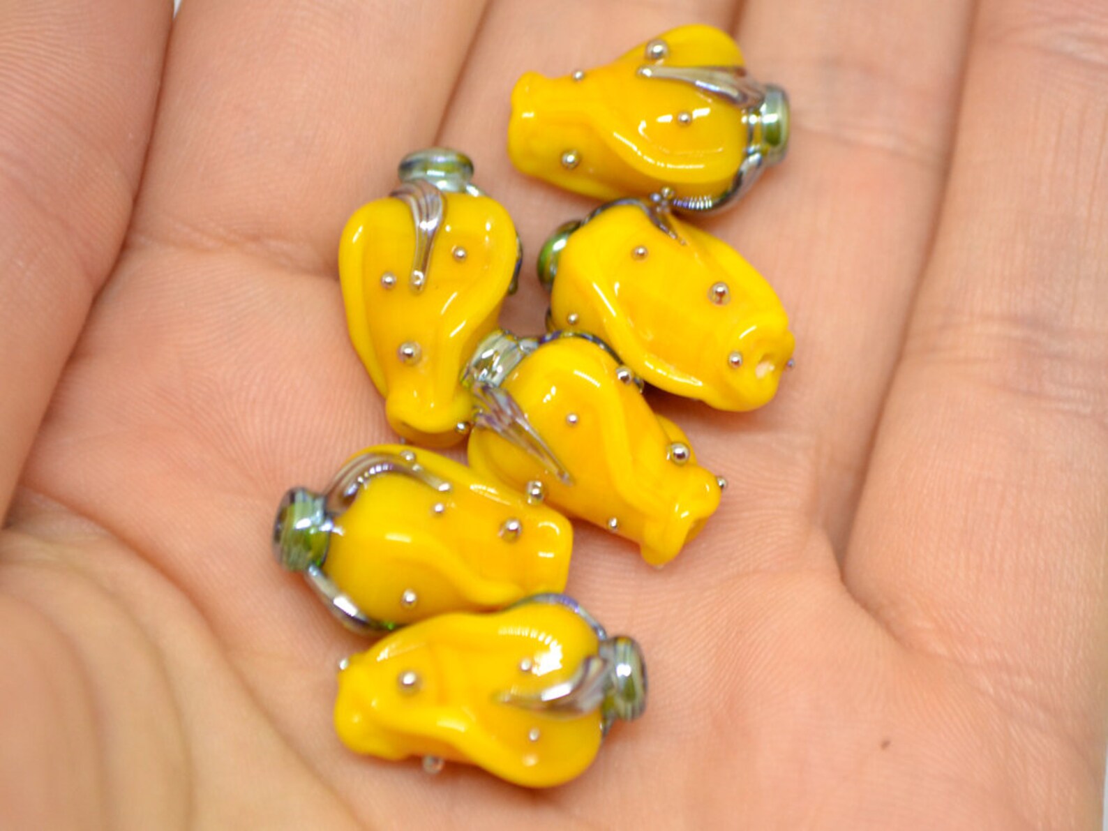 Yellow Twisted Rosebud Beads, Honey Yellow Glass Bead, Flower Lampwork ...