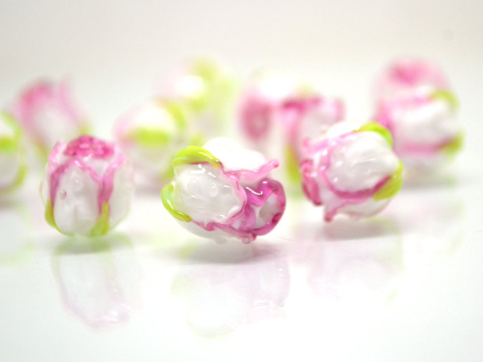 Amazing Pink White Rose Bud Beads, Lampwork Rosebud, Glass Rose Beads ...