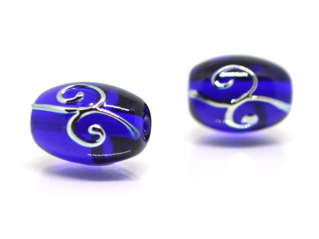 Cobalt Blue Rice Glass Beads Silver Curles, Barrel Oval Lampwork Beads ...