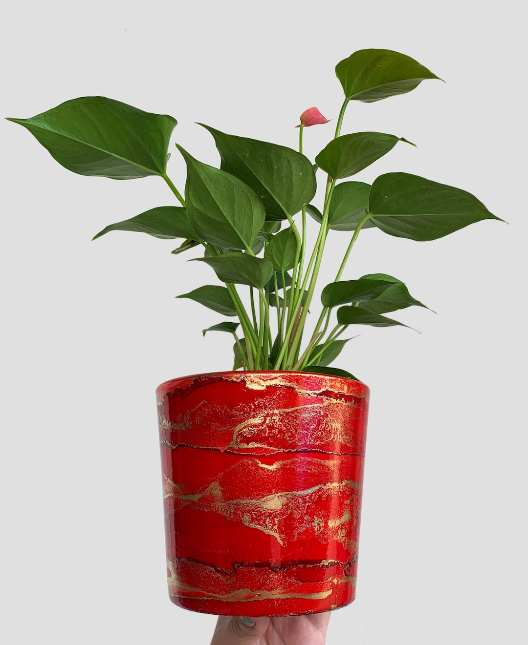 Hand Painted Plant Pot With Drainage Hole, Ceramic Pot, Red and Gold ...