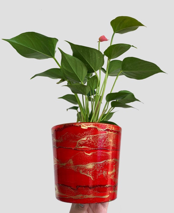 Hand Painted Plant Pot With Drainage Hole Ceramic Pot Red | Etsy