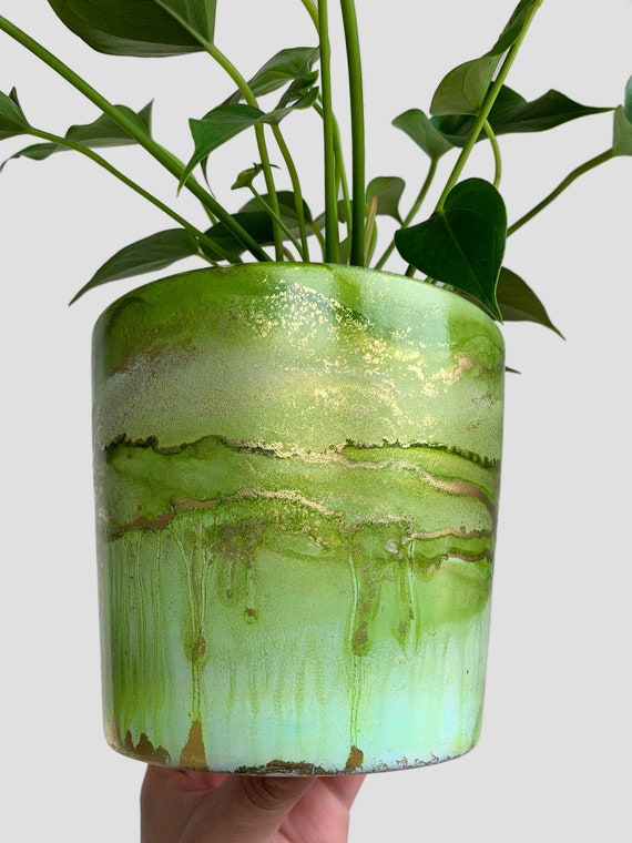 Hand Painted Plant Pot With Drainage Hole Ceramic Pot Green - Etsy