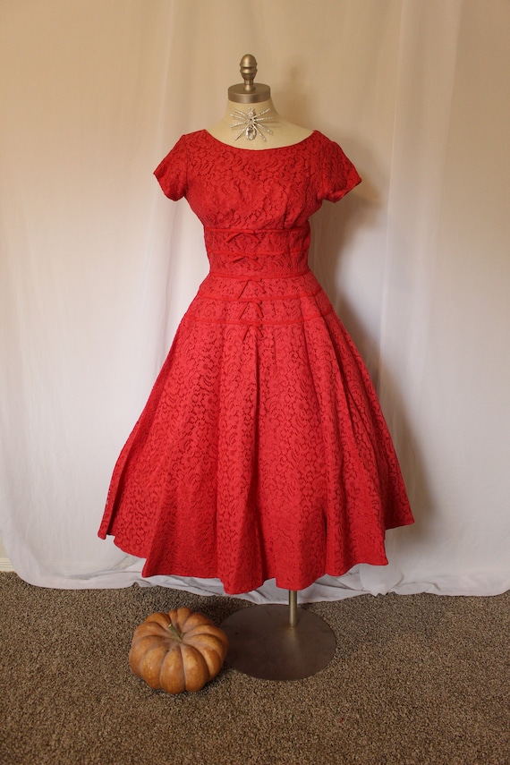 1950s Dress Red Lace Full Skirt Designer Party Small - Gem