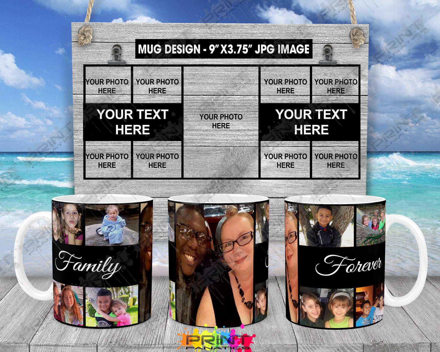 Collage Full Wrap Mug Sublimation Design, Open Collage Mug Template ...