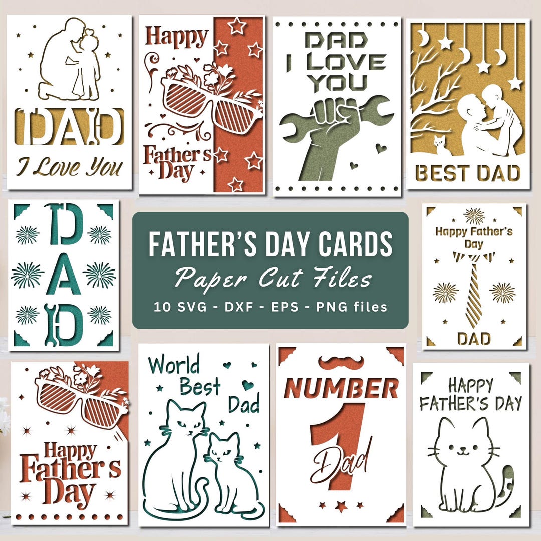 Fathers Day Paper Cut Card SVG Bundle: Dog Cat Greetings, Layered Dad ...