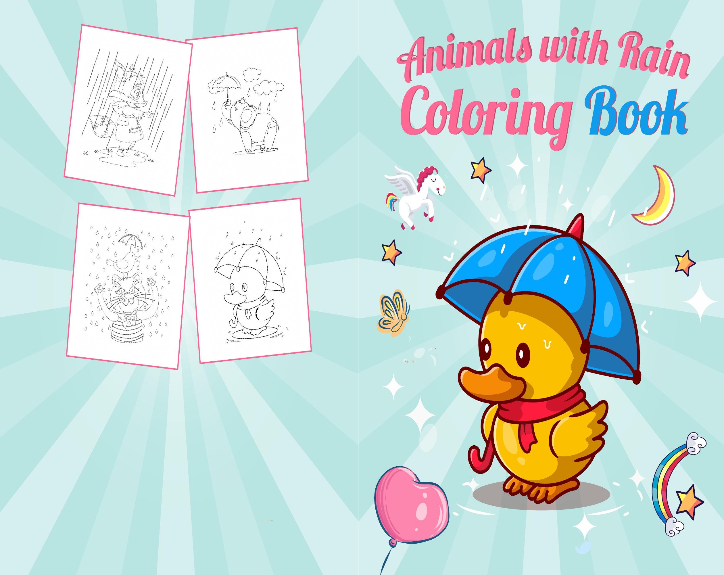 Animals With Rain Coloring Book, Cute Kids Pages (PDF) - Etsy
