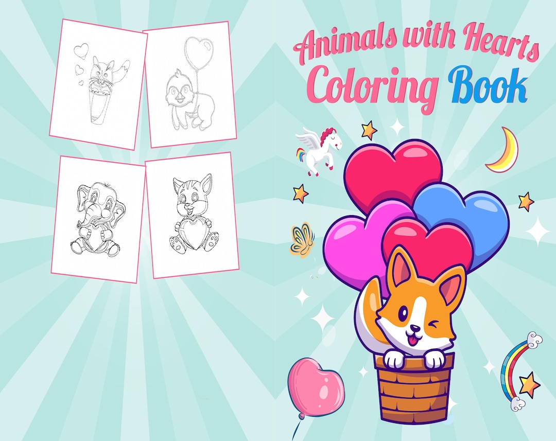 Animals With Hearts Coloring Book for Kids, 8,5x11 Printable PDF File ...