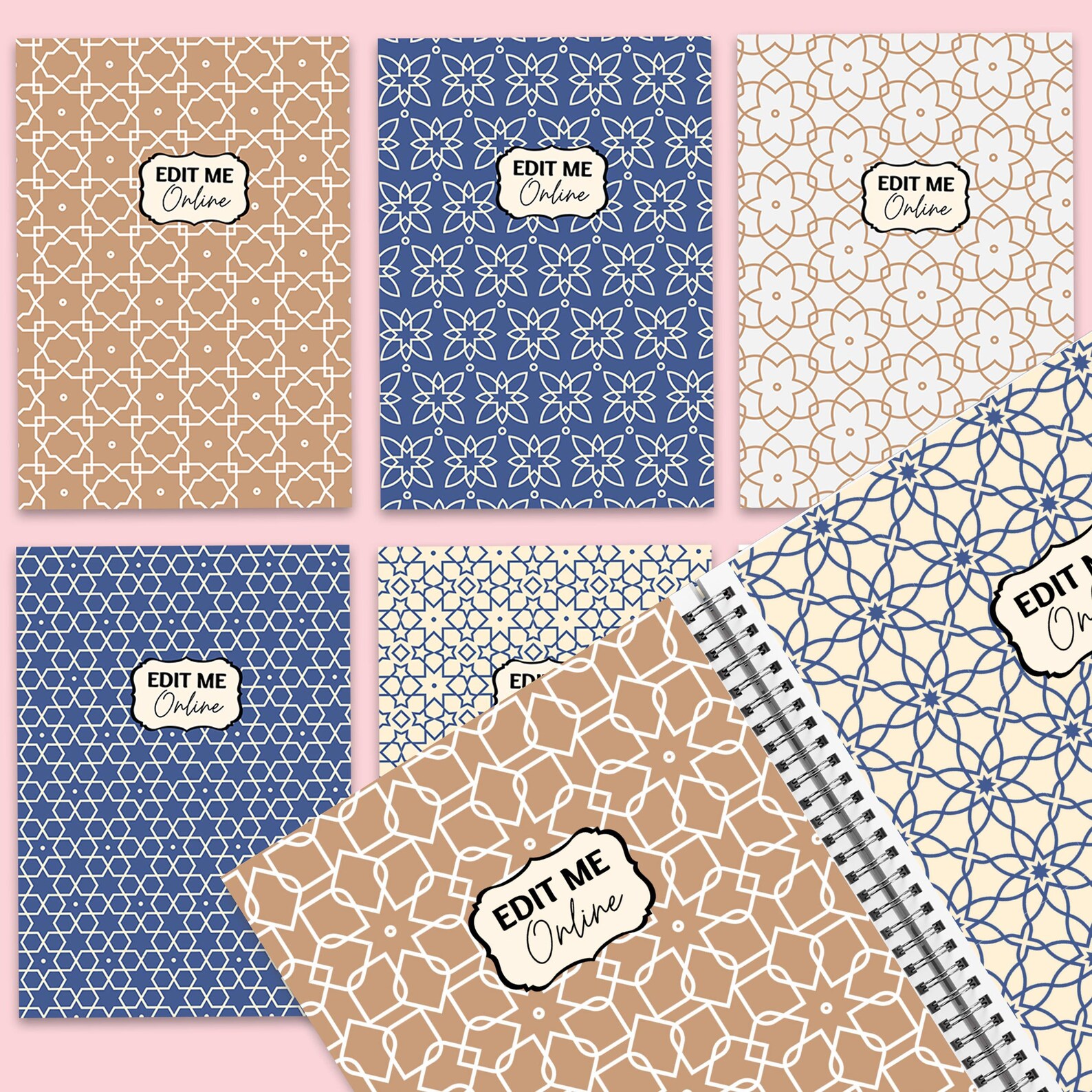 Arabic Pattern Book Cover Template Bundle Canva Editable for Notebook ...