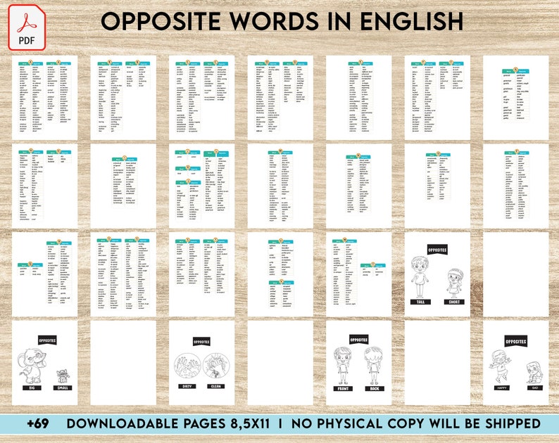 Opposite Words in English Activity Book PDF File 8.5x11 Inch for Kids ...