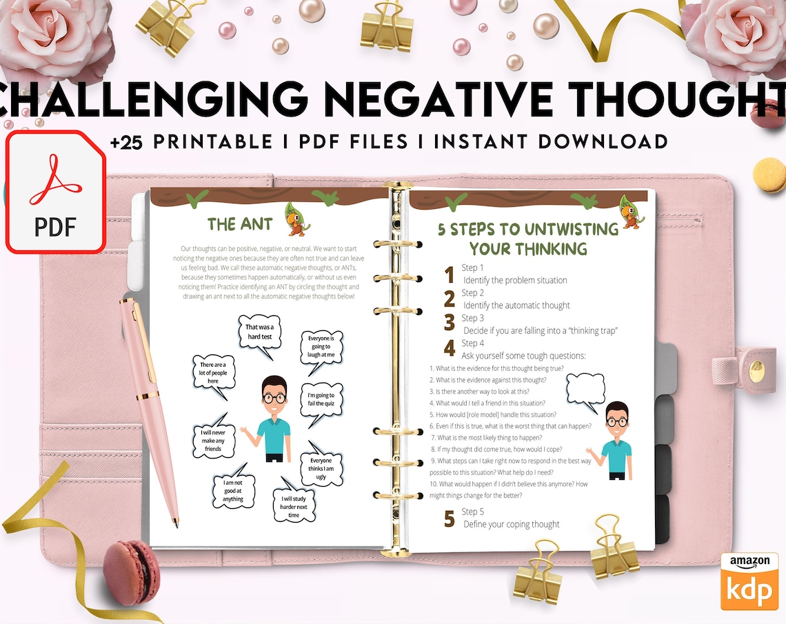 Challenging Negative Thoughts, CBT Printable Worksheets, Self Care ...