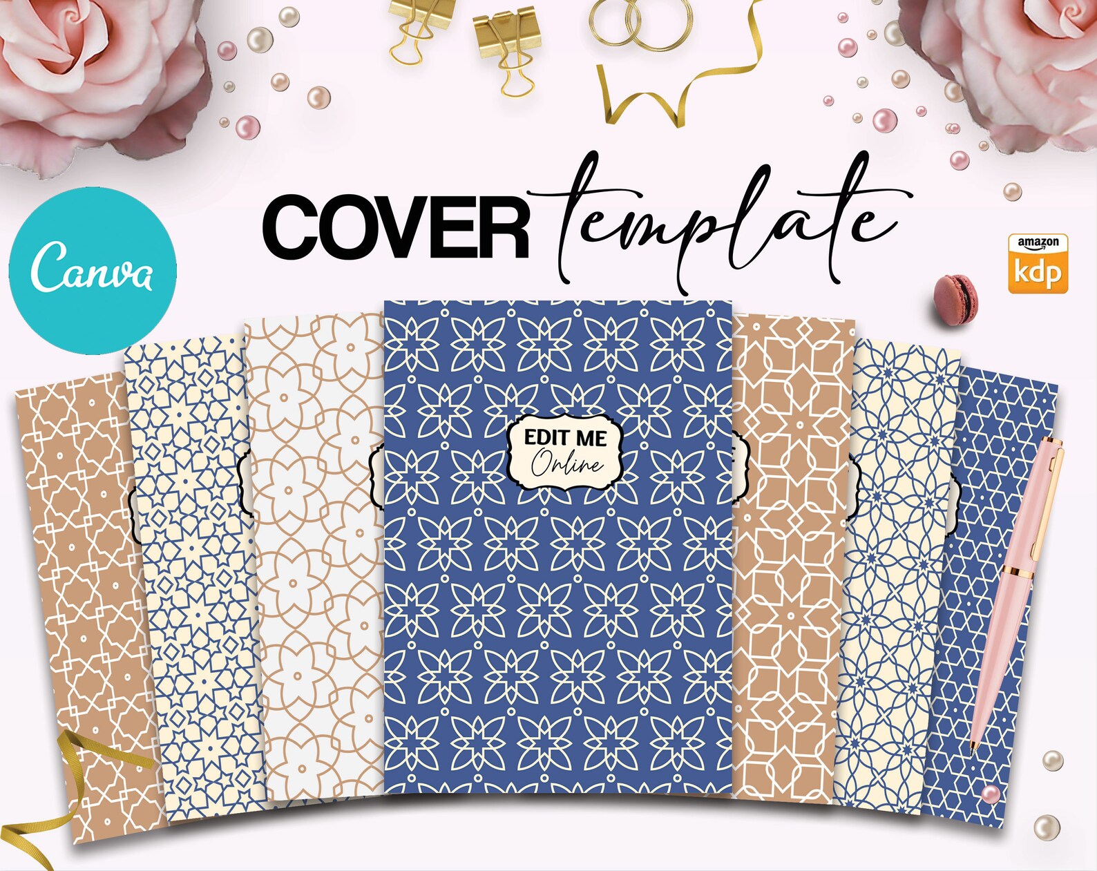 Arabic Pattern Book Cover Template Bundle Canva Editable for | Etsy