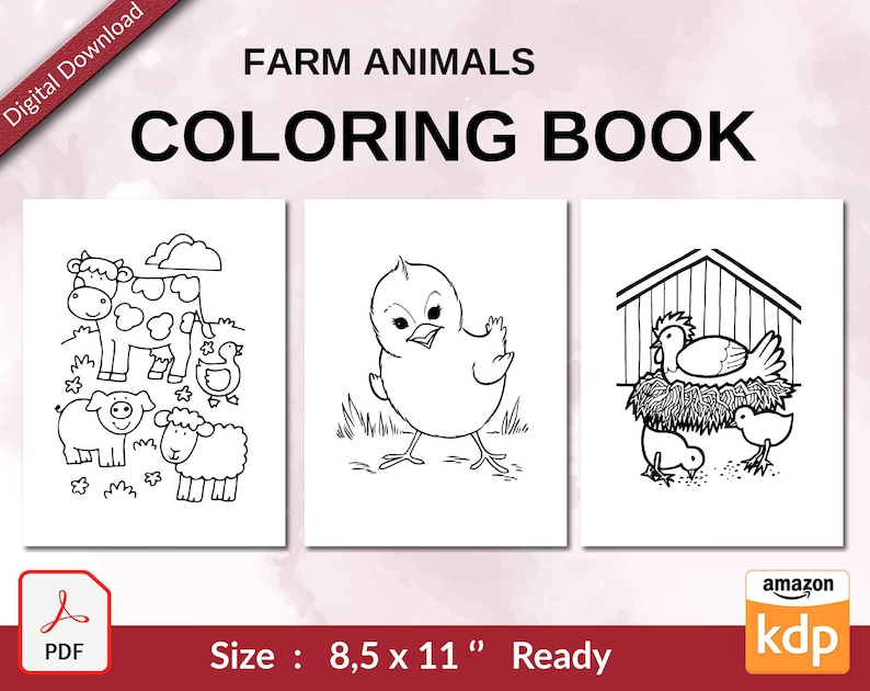 Farm Animals Coloring Book for Kids, 8,5x11 Printable PDF File Kids ...