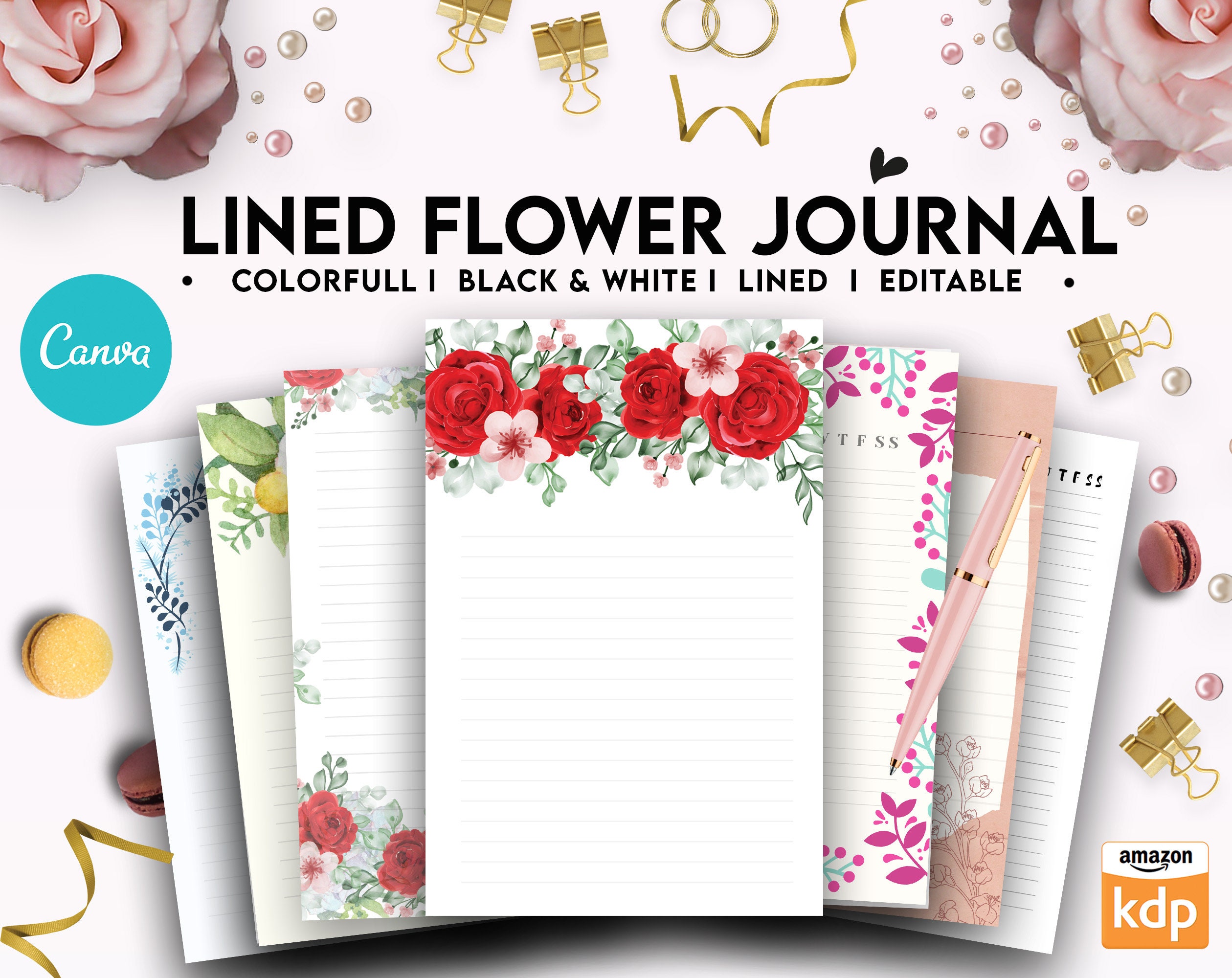 Canva Lined Flower Journal, 20 Editable Templates for Notebook, Canva ...