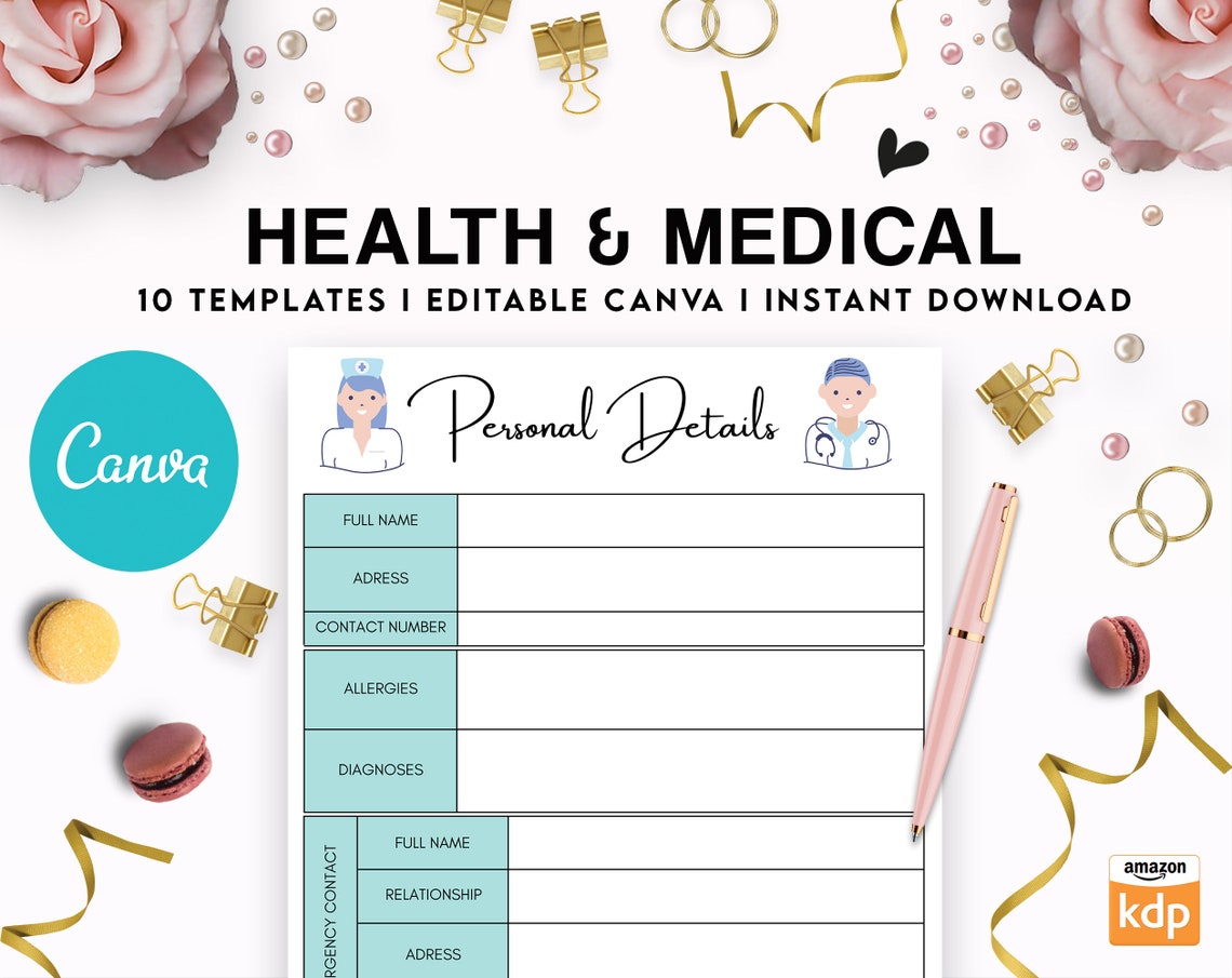 10 Editable Canva Health & Medical Planner Templates for Journal, Canva ...