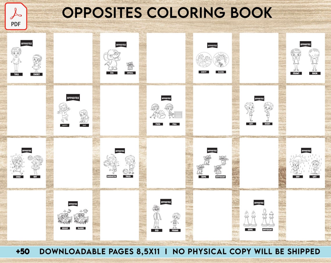Opposites Coloring Book Activity Book PDF File 8.5x11 Inch for - Etsy