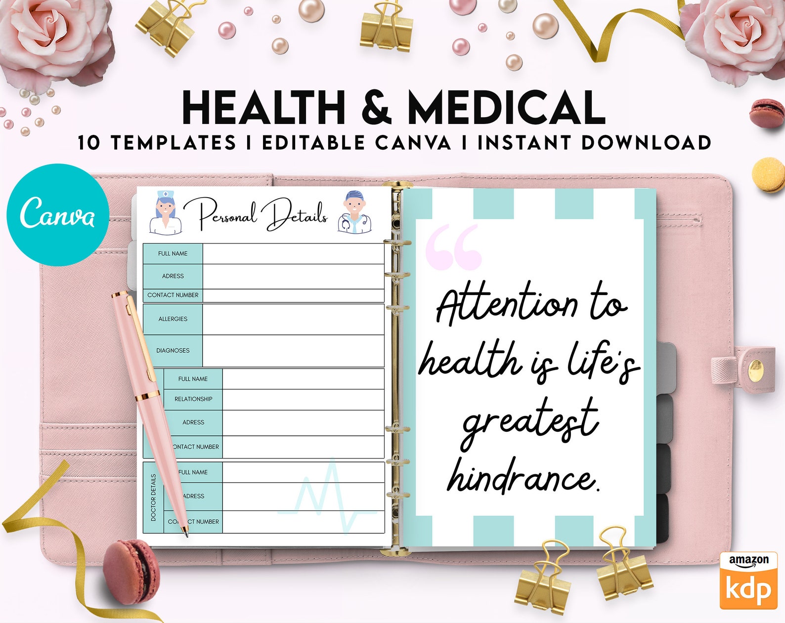 10 Editable Canva Health & Medical Planner Templates for Journal, Canva ...