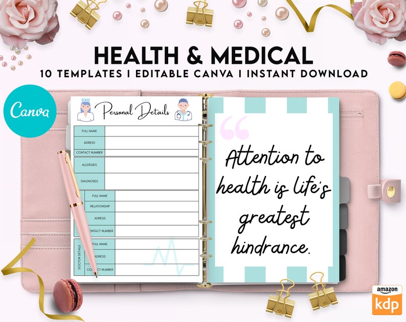 10 Editable Canva Health & Medical Planner Templates for Journal, Canva ...