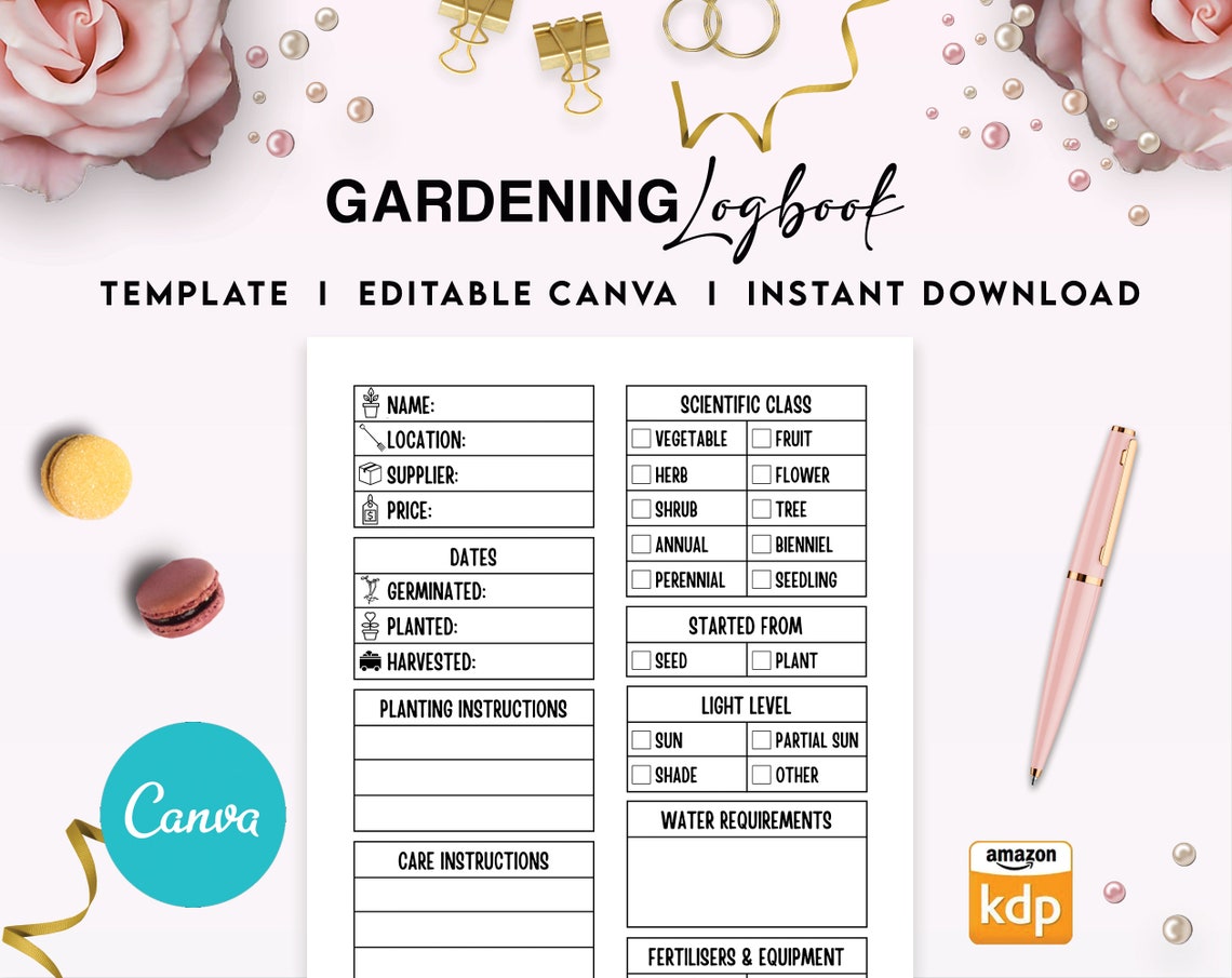 Gardening Logbook Tracker Journal 6x9" Canva Editable Template, Canva ...