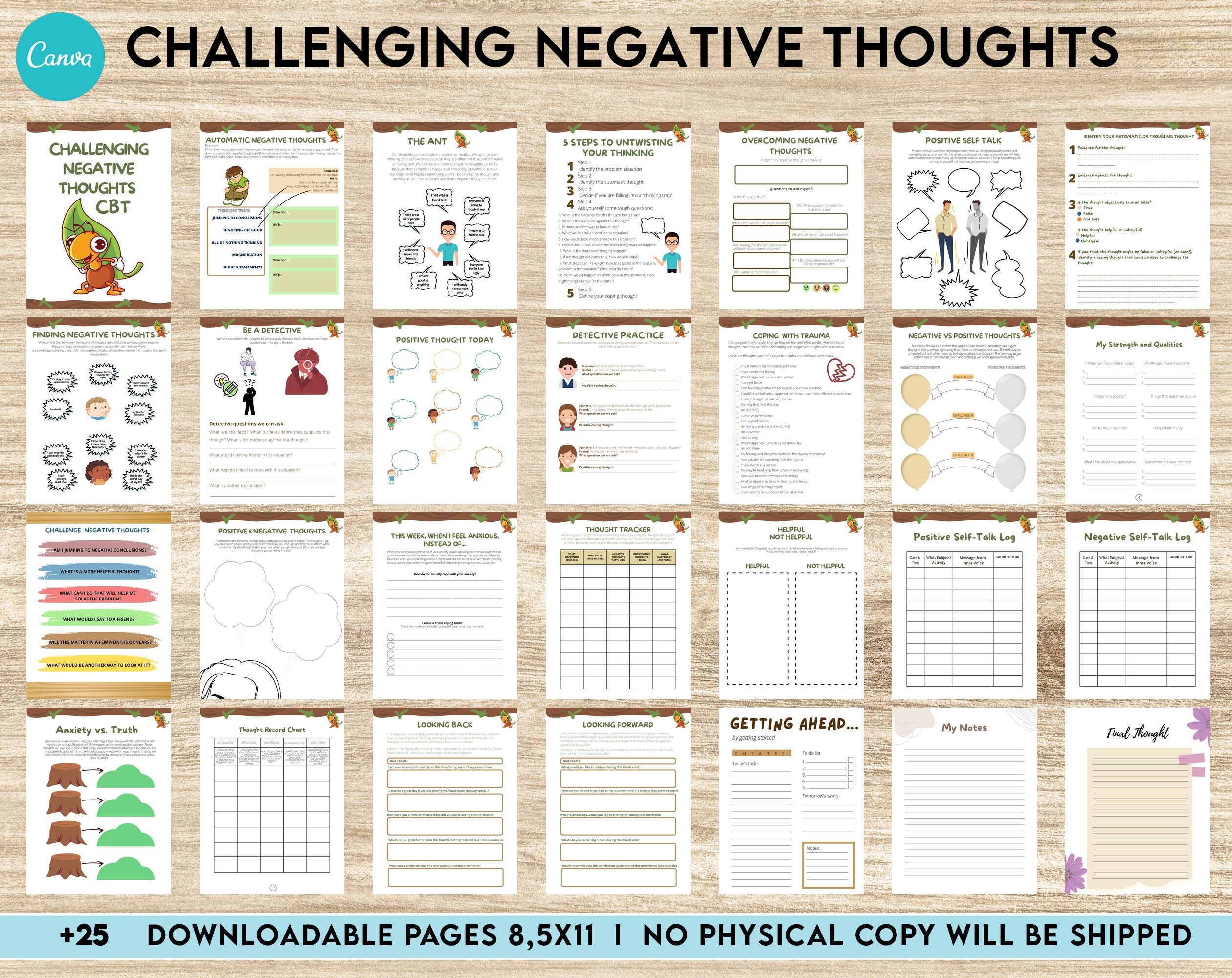 Challenging Negative Thoughts, CBT Editable Templates Worksheets, Self ...
