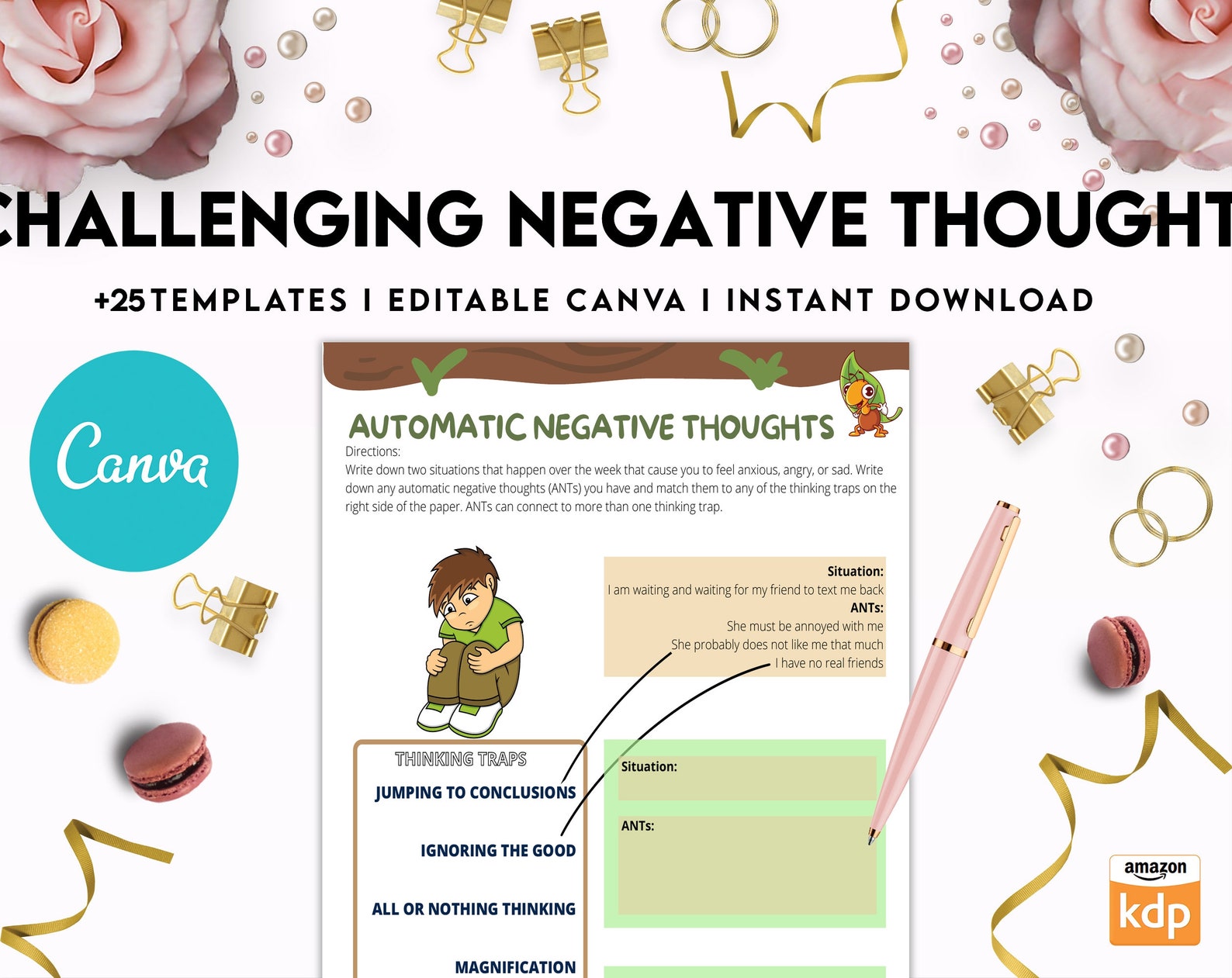 Challenging Negative Thoughts, CBT Editable Templates Worksheets, Self ...
