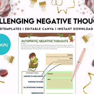 Challenging Negative Thoughts, CBT Editable Templates Worksheets, Self ...