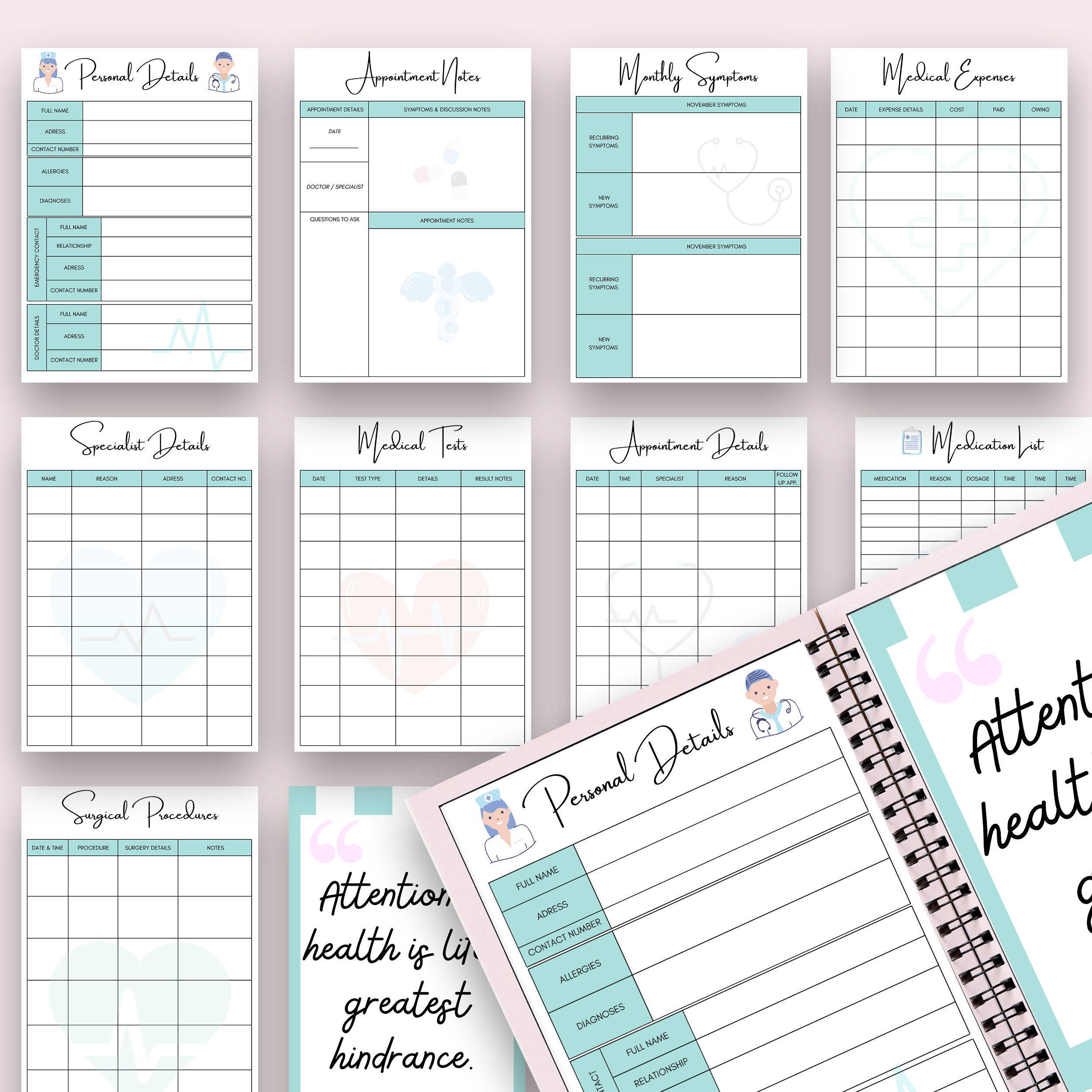 10 Editable Canva Health & Medical Planner Templates for Journal, Canva ...