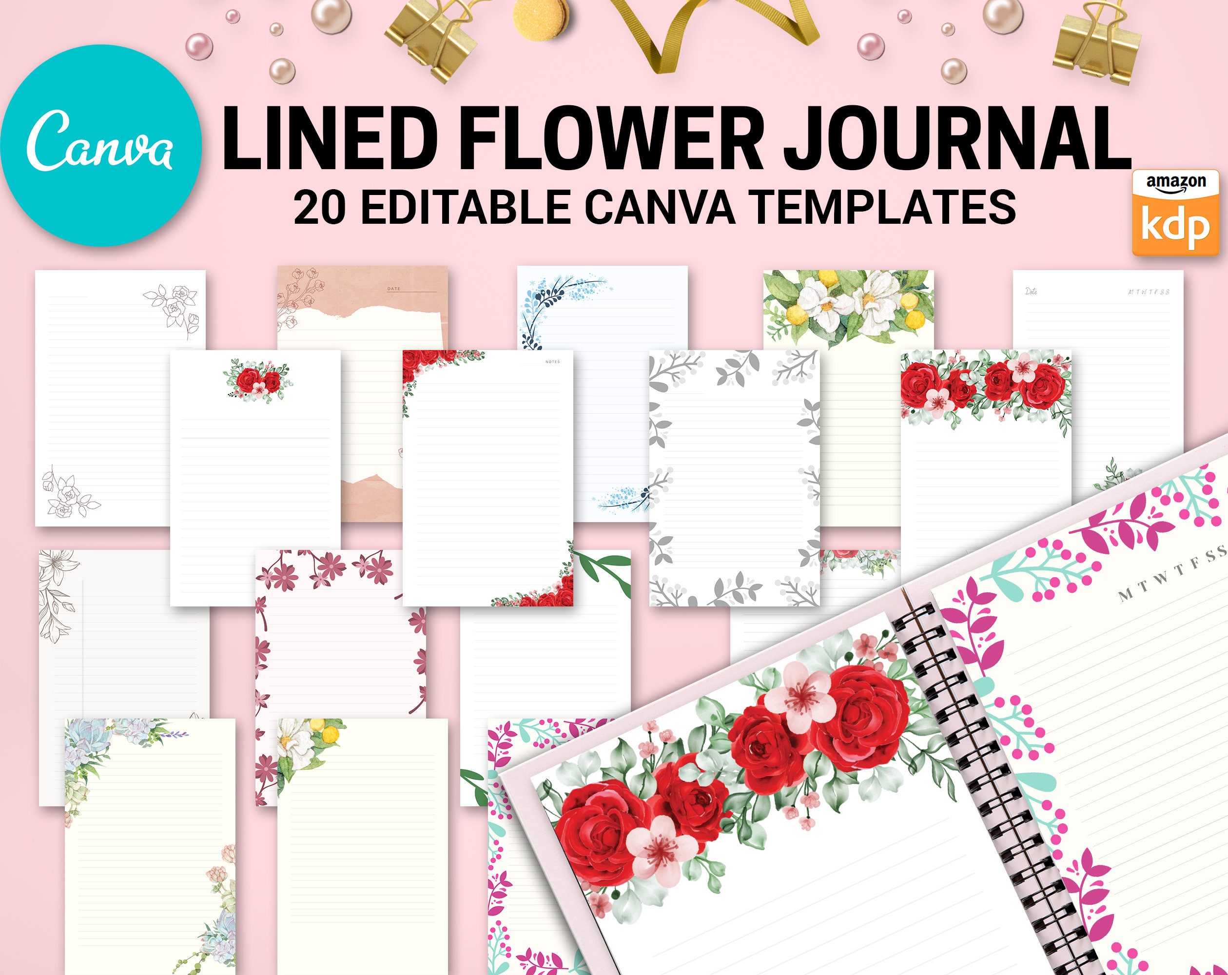 Canva Lined Flower Journal 20 Editable Templates for - Etsy