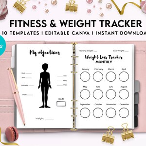 Canva Fitness & Weight Loss Tracker Journal 10 Editable Templates ...