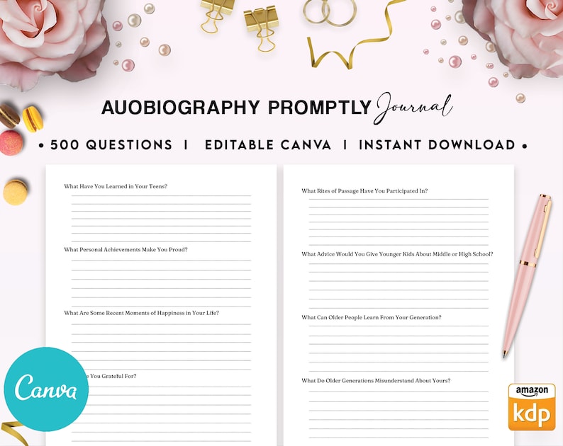 Autobiography Promptly Journal With 500 Questions 100 Editable ...