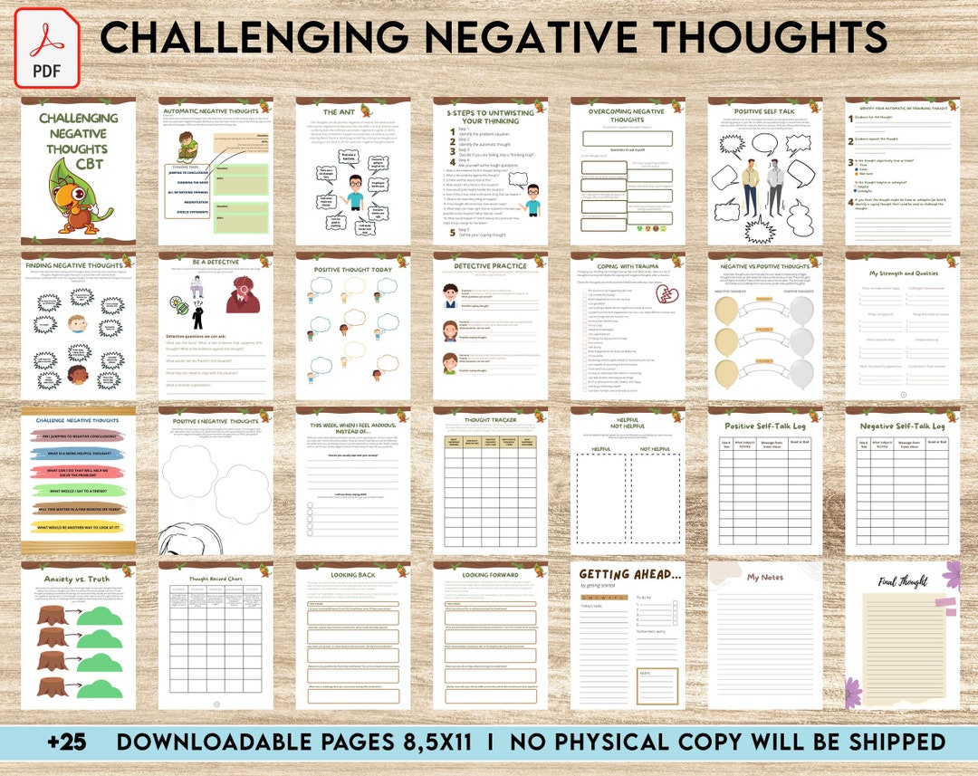 Challenging Negative Thoughts, CBT Printable Worksheets, Self Care ...