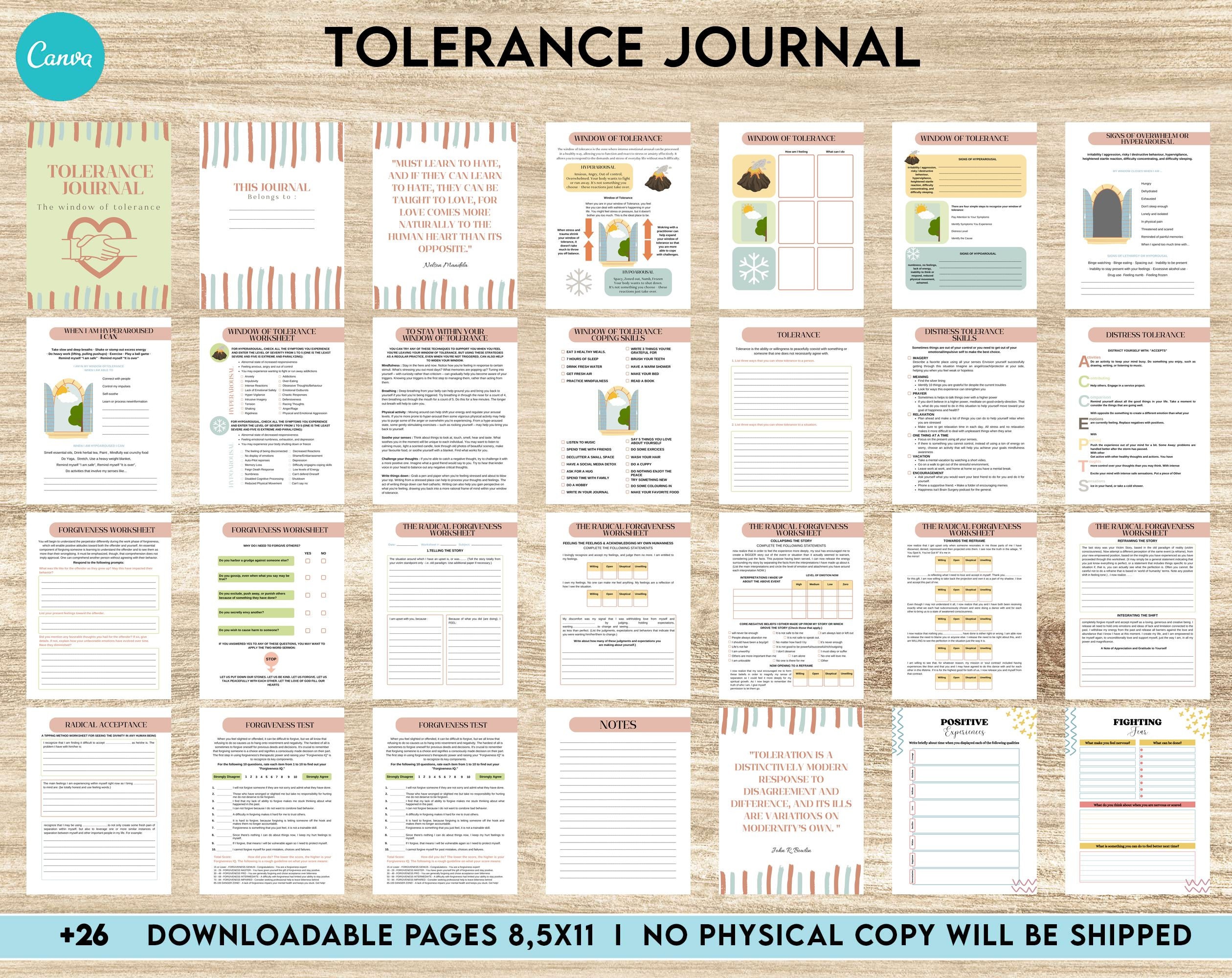 Tolerance Journal, Window of Tolerance, Therapy Journal , Self ...