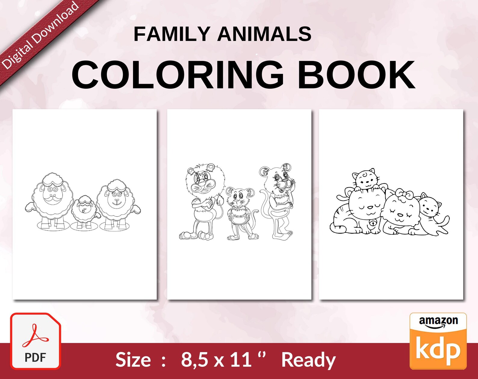 Animals Family Coloring Book for Kids, 8,5x11 Printable PDF File Kids ...