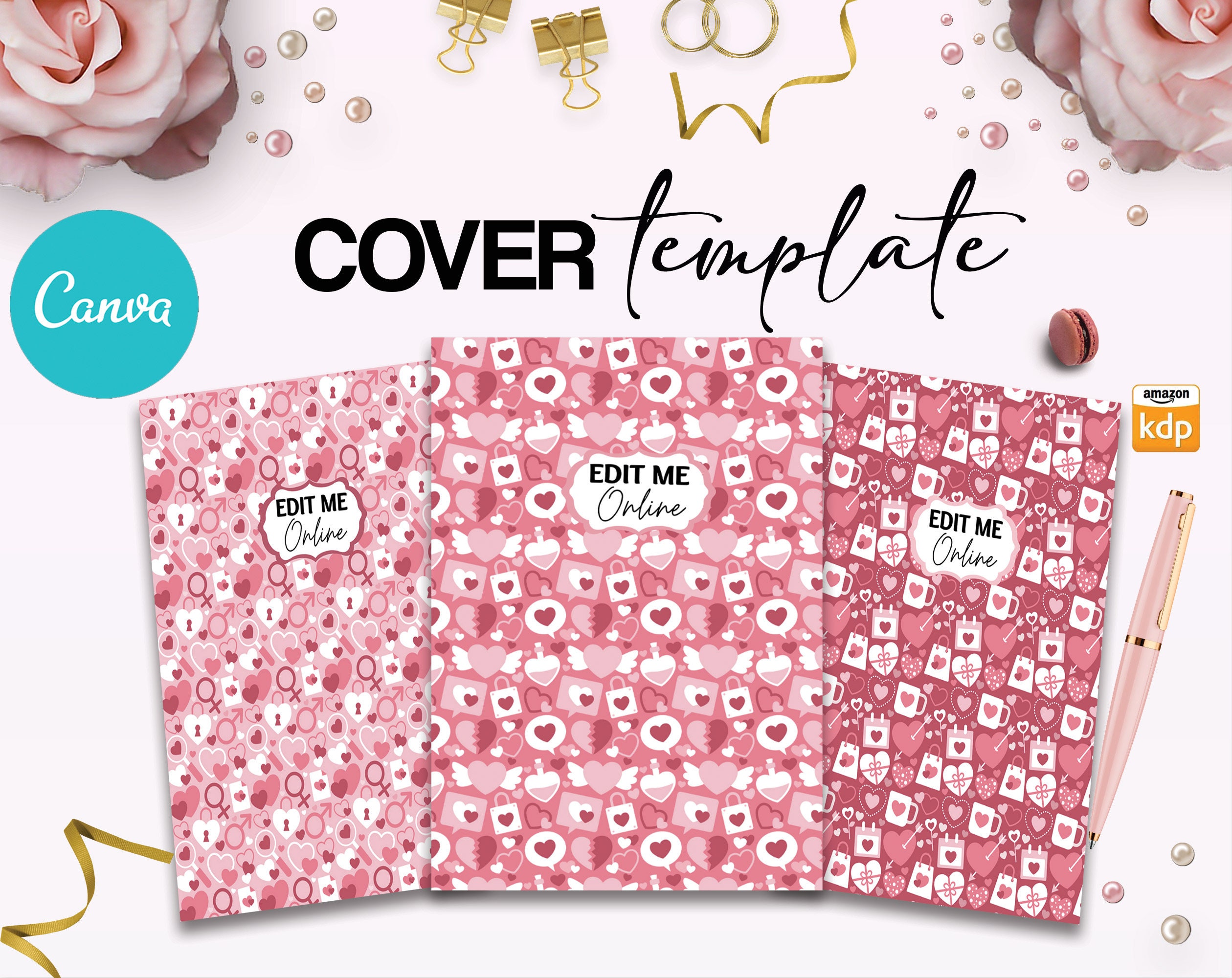 Hearth Pattern Girl Pink Book Cover Template Bundle Canva - Etsy