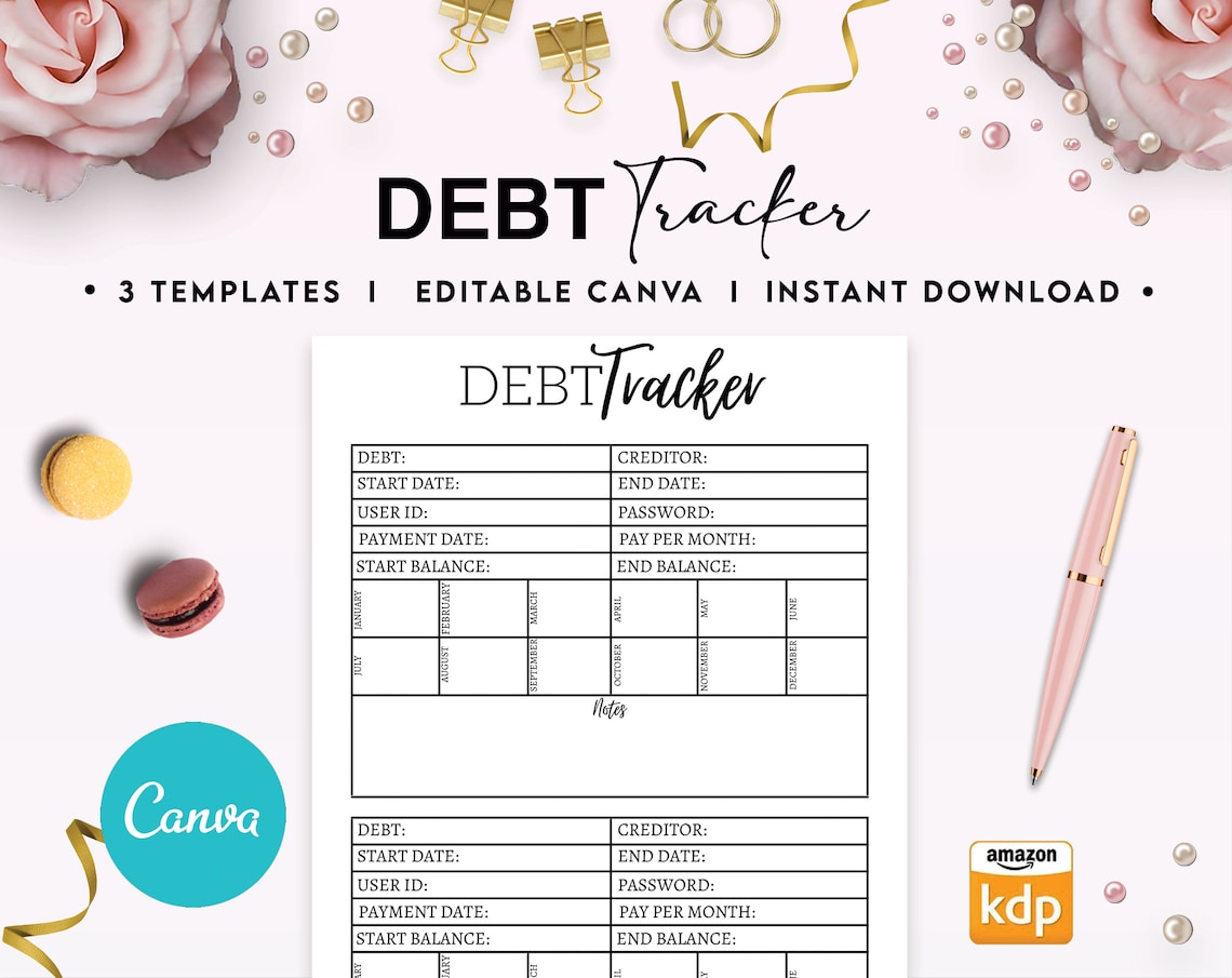 Debt Tracker 3 Editable Canva Templates for Journal Canva KDP - Etsy