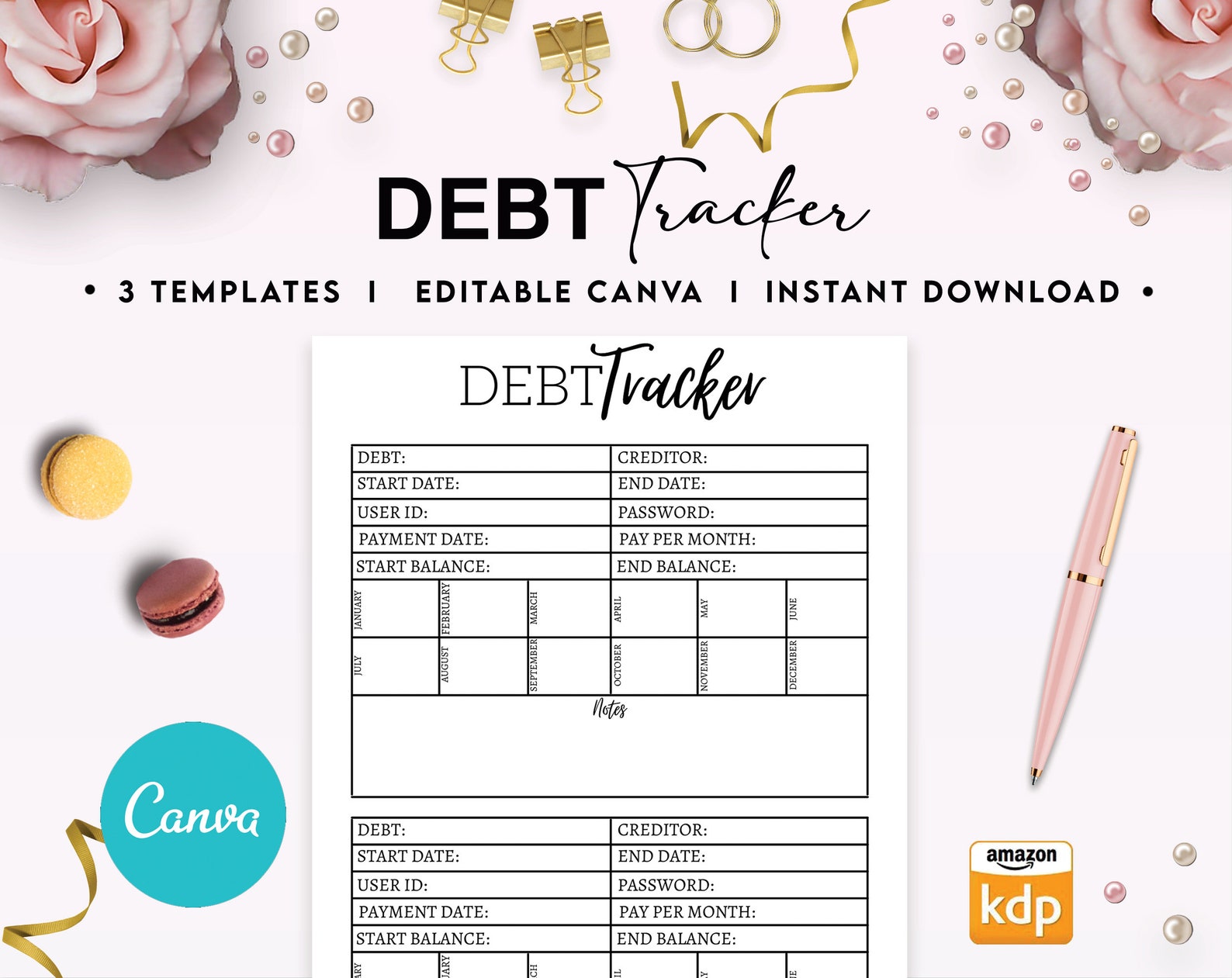 Debt Tracker 3 Editable Canva Templates for Journal Canva KDP - Etsy