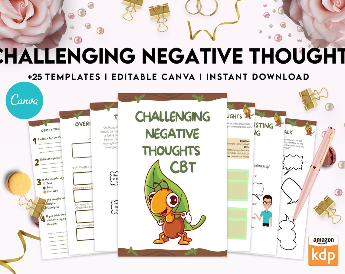 Challenging Negative Thoughts, CBT Editable Templates Worksheets, Self ...