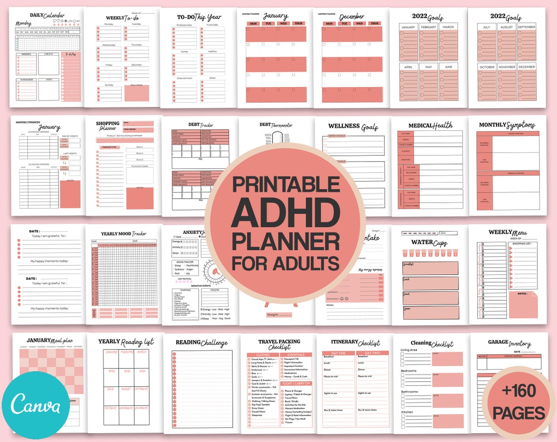 Adult ADHD Journal Adhd Life Planner Bundle Editable Canva - Etsy