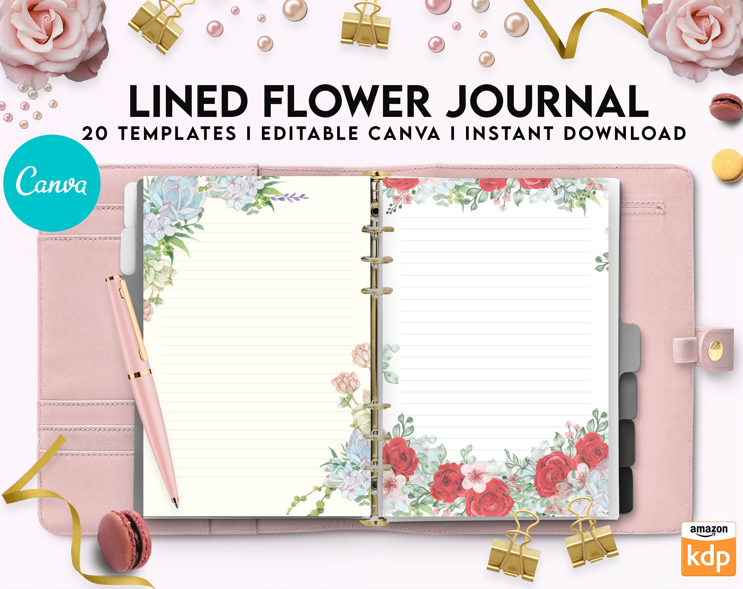Canva Lined Flower Journal, 20 Editable Templates for Notebook, Canva ...