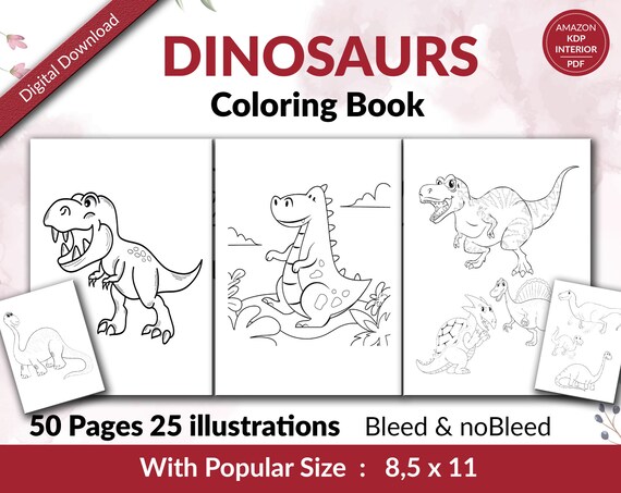 Dinosaurs Coloring Book for Kids 50 Pages With 25 - Etsy