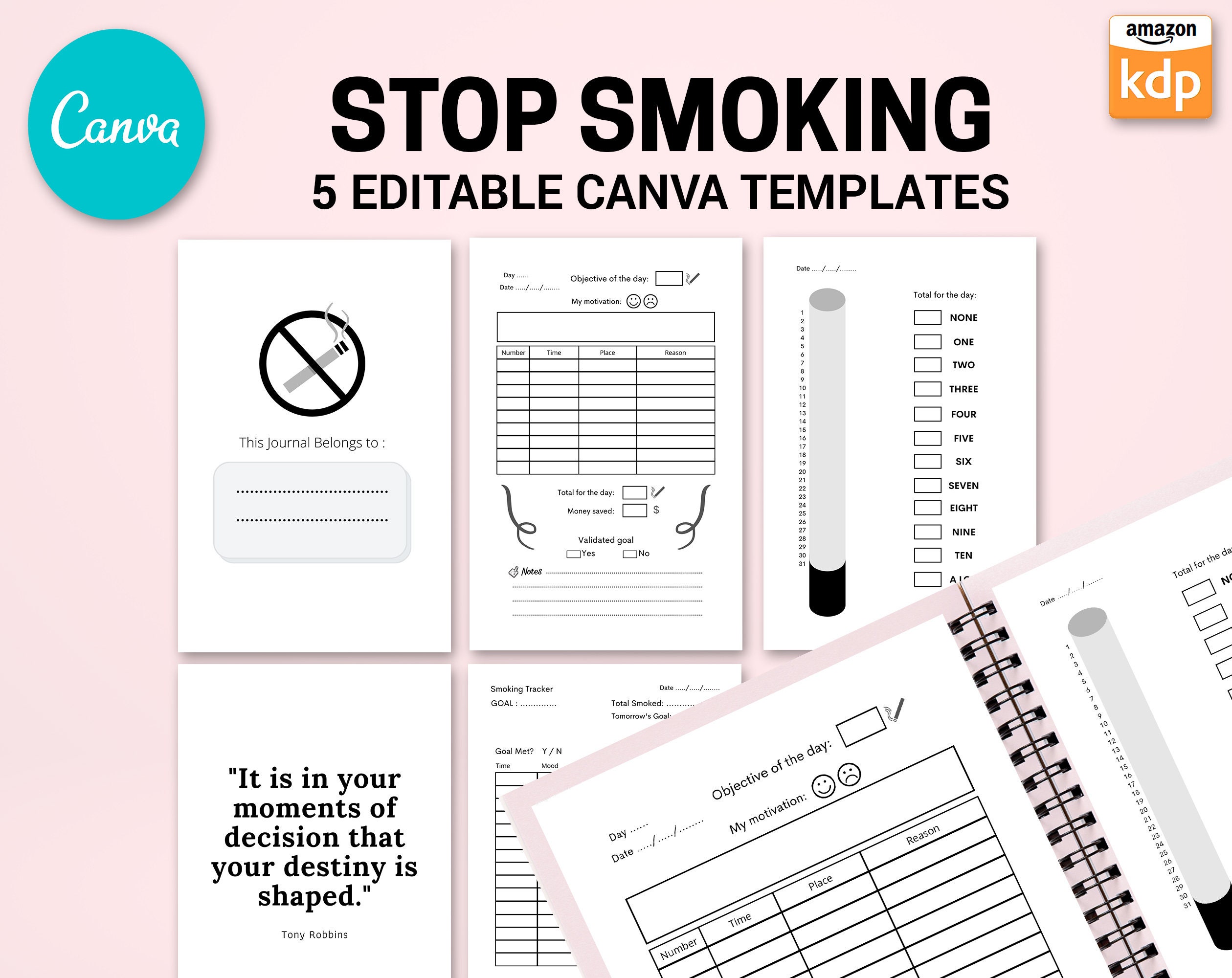 Stop Smoking Tracker Journal 5 Editable Canva Templates for - Etsy
