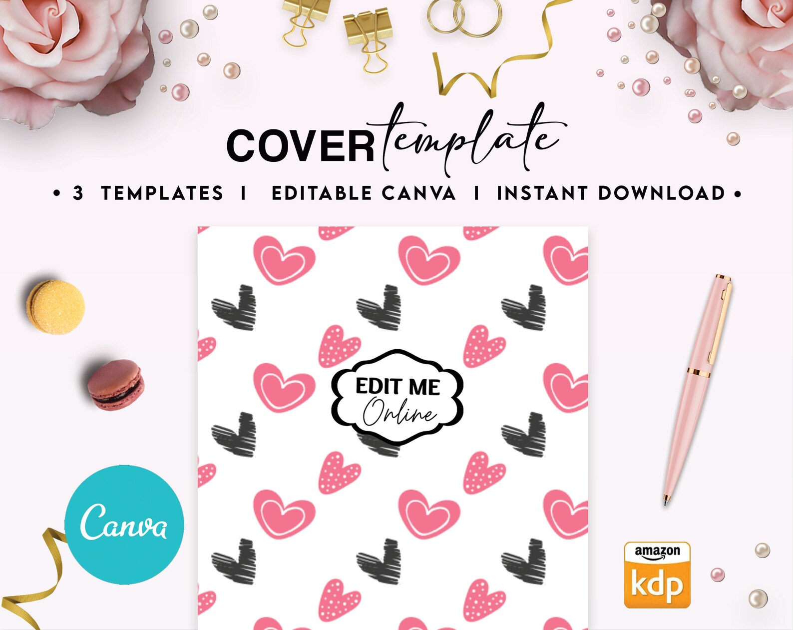Hearth Pattern Girl Pink Book Cover Template Bundle Canva Editable for ...