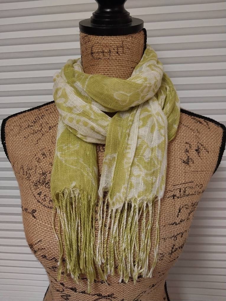 Neon Green and White Scarf With Fringe - Etsy
