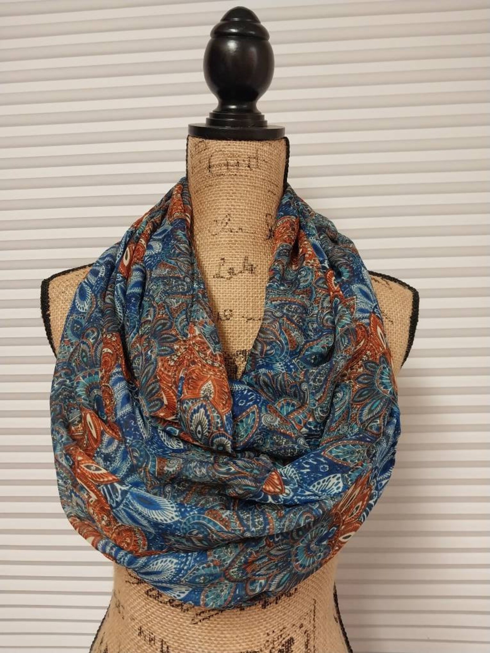 Beautiful Oversized Vintage Deep Blue and Burnt Orange Infinity Scarf ...