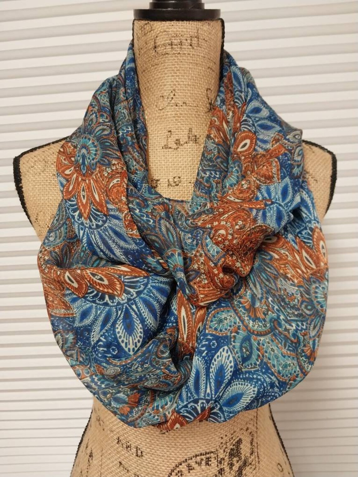 Beautiful Oversized Vintage Deep Blue and Burnt Orange Infinity Scarf ...