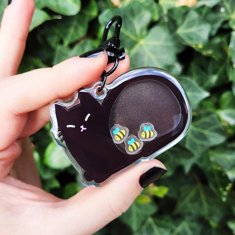 Black Cat With Bees, Cute Animal, Interactive Shaker Acrylic Charm ...