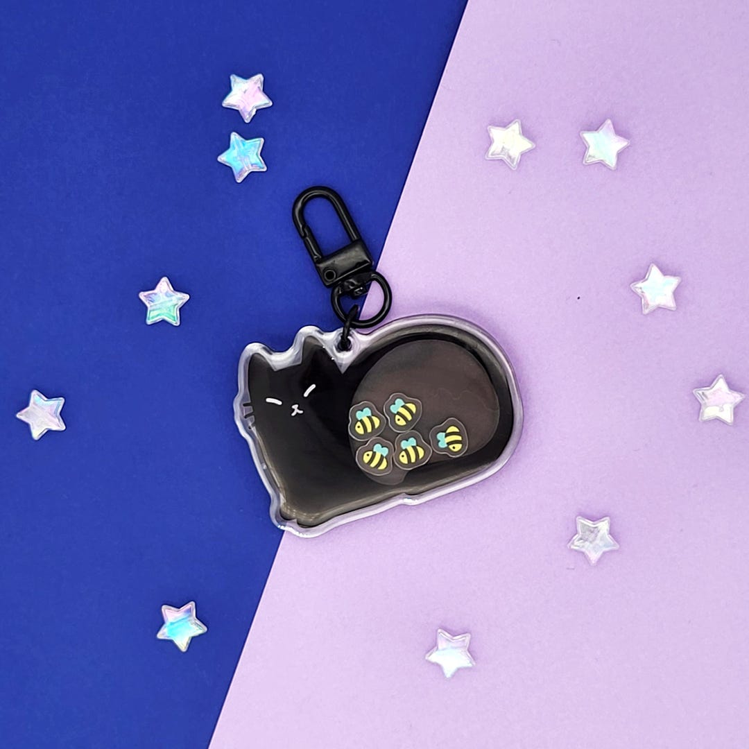 Black Cat With Bees, Cute Animal, Interactive Shaker Acrylic Charm ...