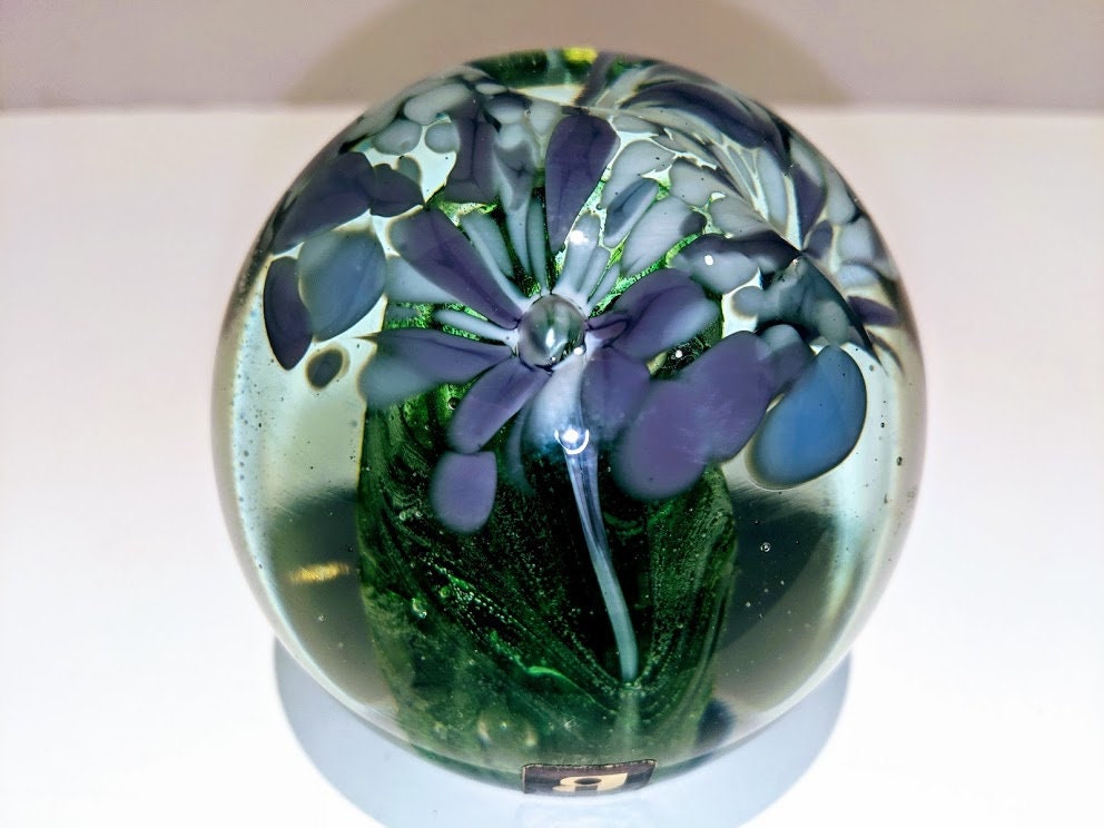 Irish Green Glass Paperweight Beautiful Flower Design | Etsy