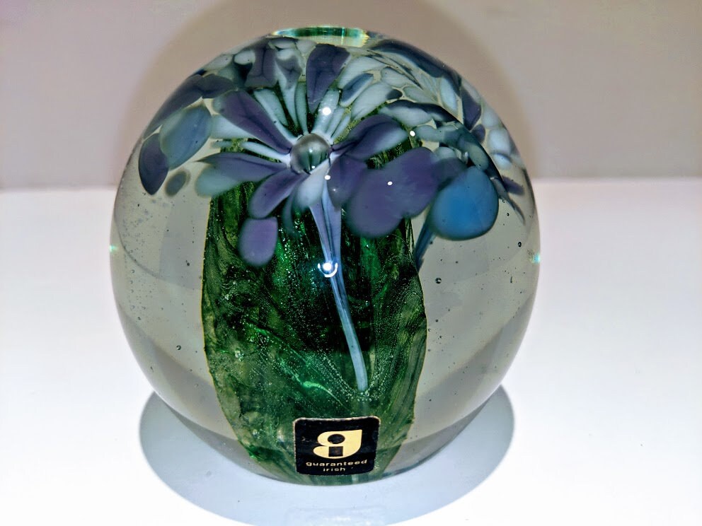 Irish Green Glass Paperweight Beautiful Flower Design | Etsy